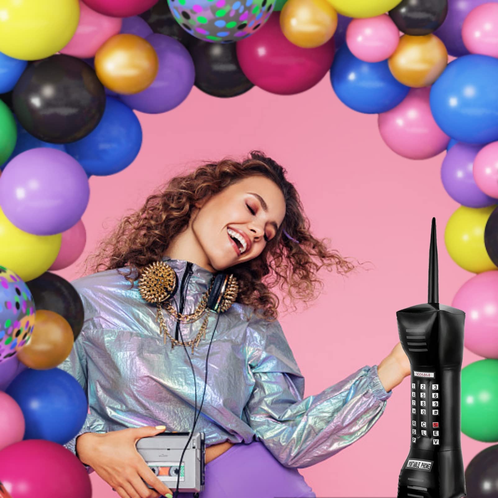 Amandir 80s 90s Theme Party Decorations, 90Pcs Balloon Garland Kit 6PCS Inflatable Disco Ball Radio Boom Box Retro Mobile Phone Guitar Microphone Balloons for Back to 80s 90s Hip Hop Birthday Supplies