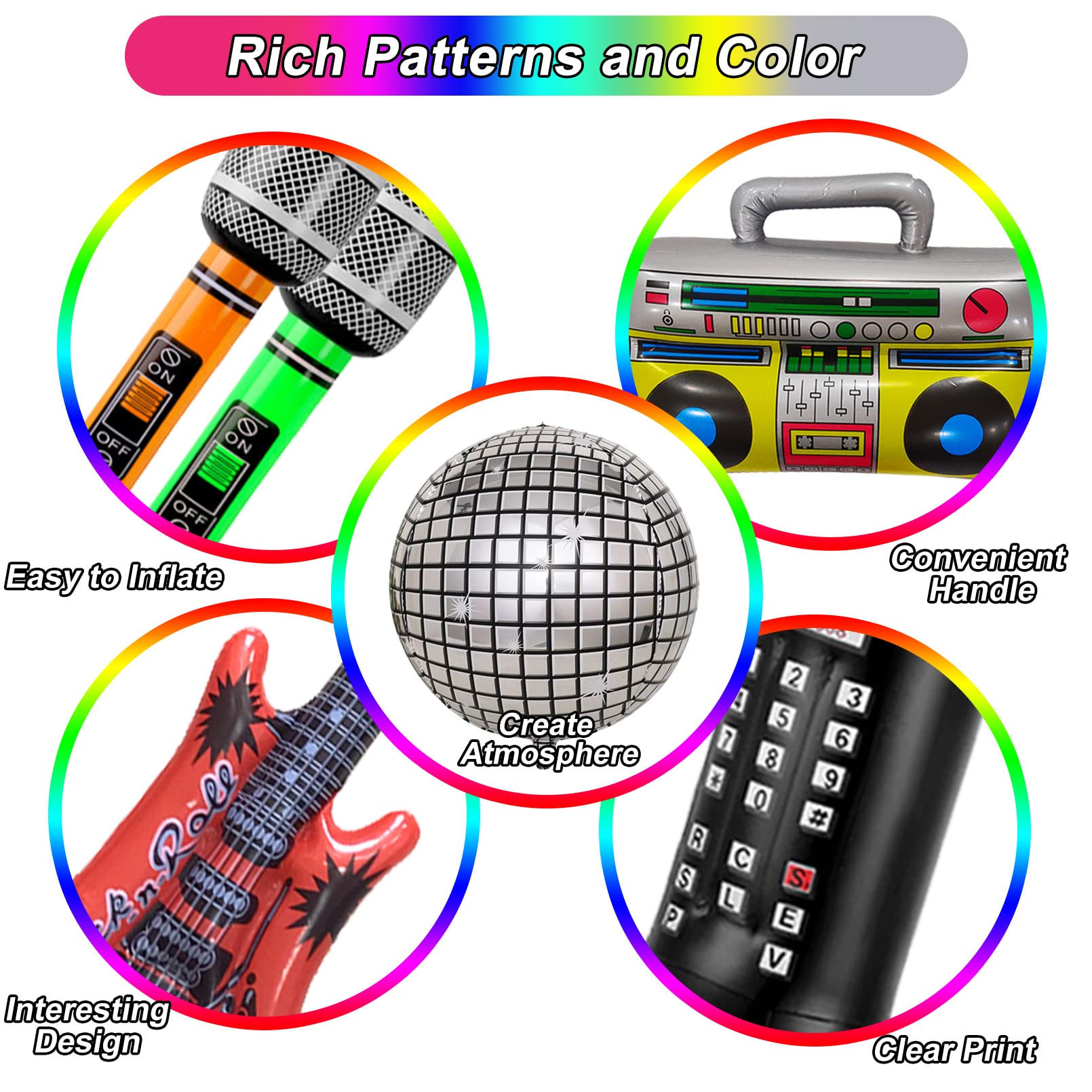 Amandir 80s 90s Theme Party Decorations, 90Pcs Balloon Garland Kit 6PCS Inflatable Disco Ball Radio Boom Box Retro Mobile Phone Guitar Microphone Balloons for Back to 80s 90s Hip Hop Birthday Supplies