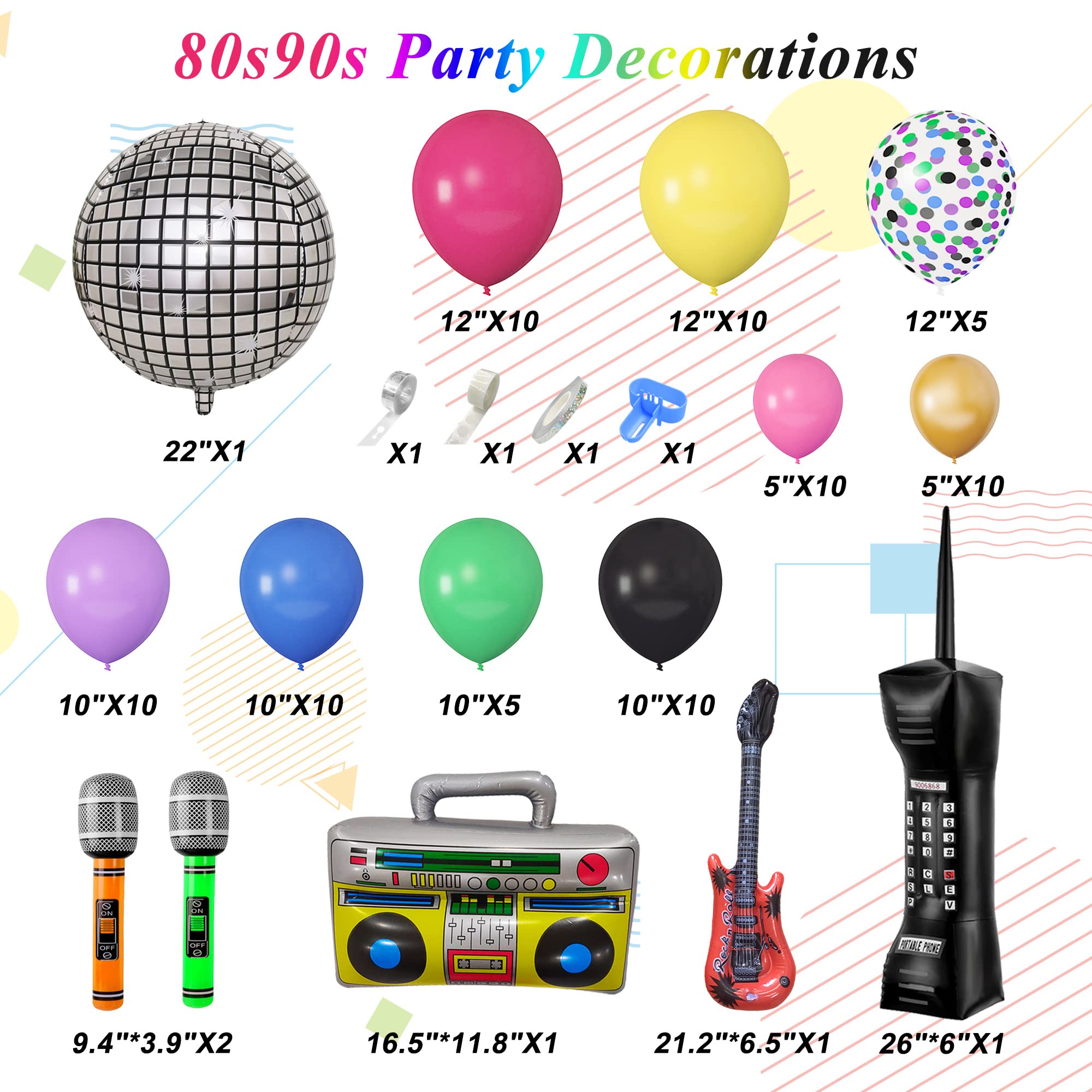 Amandir 80s 90s Theme Party Decorations, 90Pcs Balloon Garland Kit 6PCS Inflatable Disco Ball Radio Boom Box Retro Mobile Phone Guitar Microphone Balloons for Back to 80s 90s Hip Hop Birthday Supplies