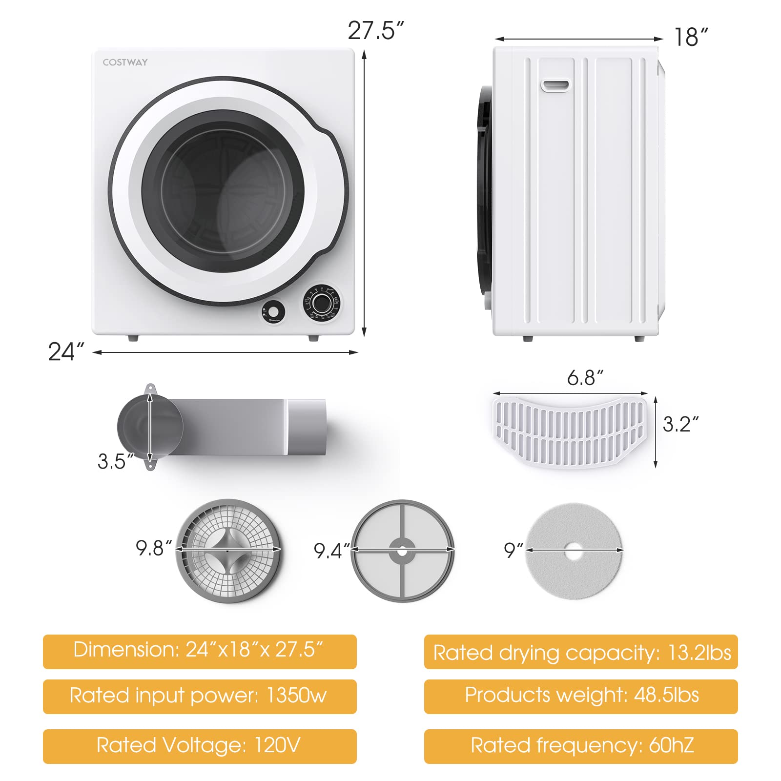 COSTWAY Portable Clothes Dryer, 13.2 LBS Front Load Compact Laundry Dryer with Stainless Steel Drum, 5 Drying Programs and Adjustable Exhaust Vent, Electric Tumble Laundry Dryer, 1350W, White