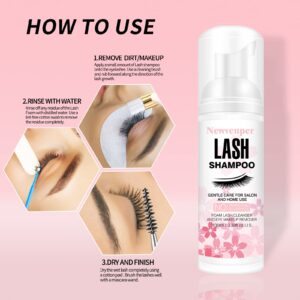 Newvenper Lash Shampoo for Eyelash 100ML + Brush & Mascara Wand Eyelid Foaming Cleansing, Eyelash Extension Cleanser Remover,Makeup Remover,Salon and Home Use