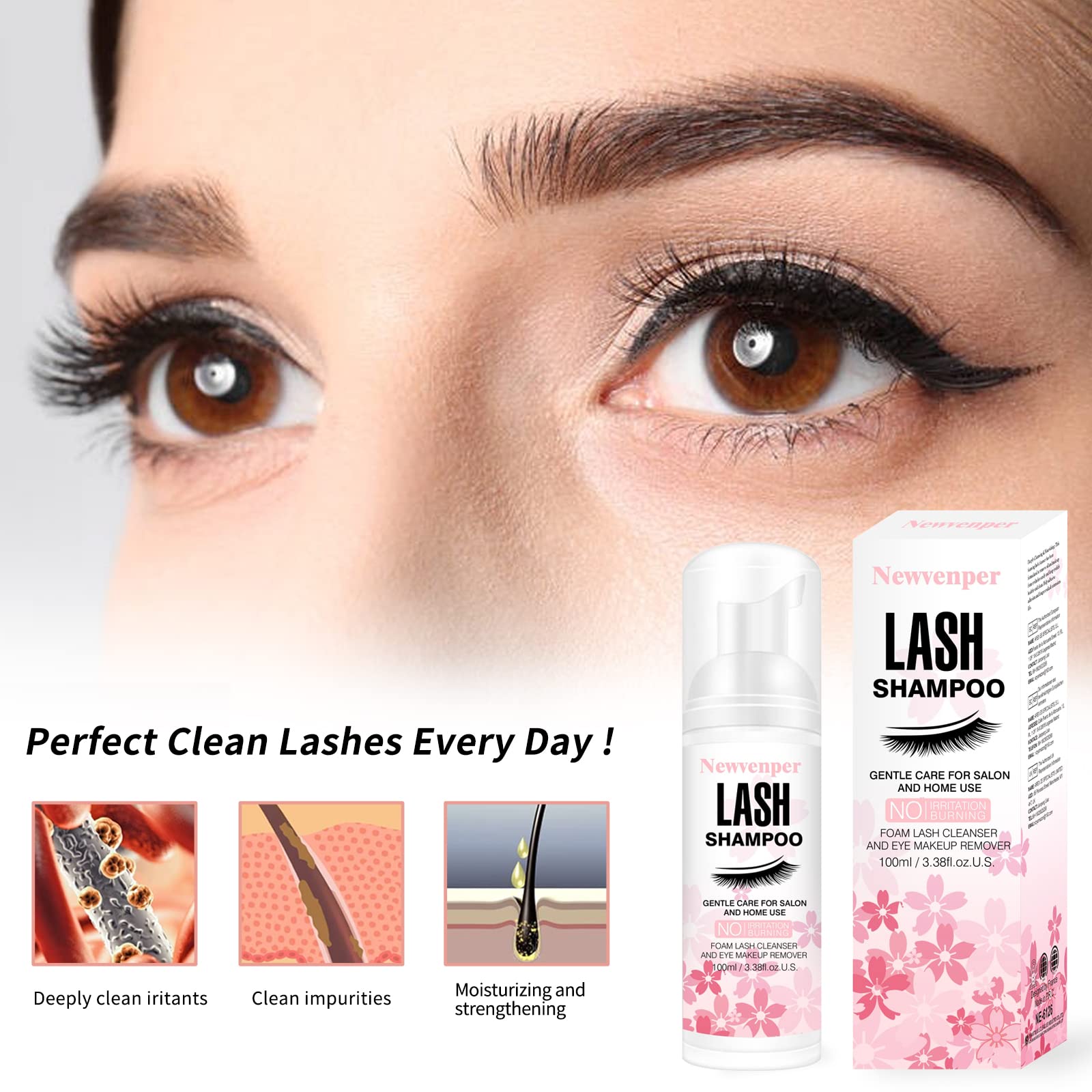 Newvenper Lash Shampoo for Eyelash 100ML + Brush & Mascara Wand Eyelid Foaming Cleansing, Eyelash Extension Cleanser Remover,Makeup Remover,Salon and Home Use