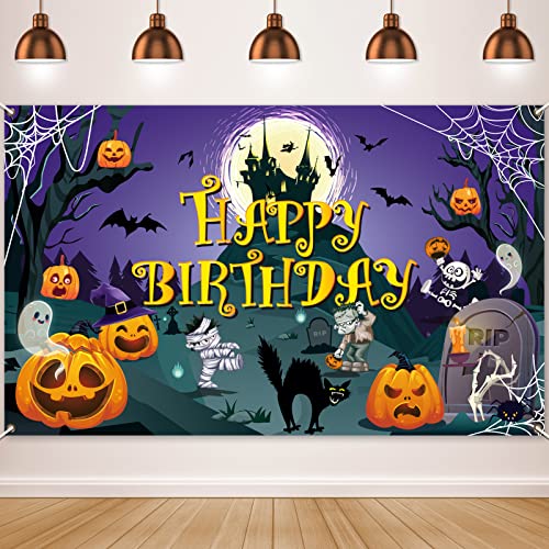 Happy Birthday Halloween Backdrop Halloween Birthday Party Decoration Pumpkin Ghost Spooky Castle Background Photography Halloween Party Photo Booth Banner Large Birthday Party Supplies Decorations