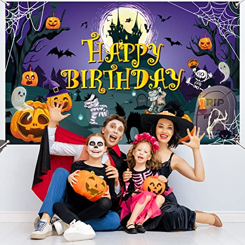 Happy Birthday Halloween Backdrop Halloween Birthday Party Decoration Pumpkin Ghost Spooky Castle Background Photography Halloween Party Photo Booth Banner Large Birthday Party Supplies Decorations