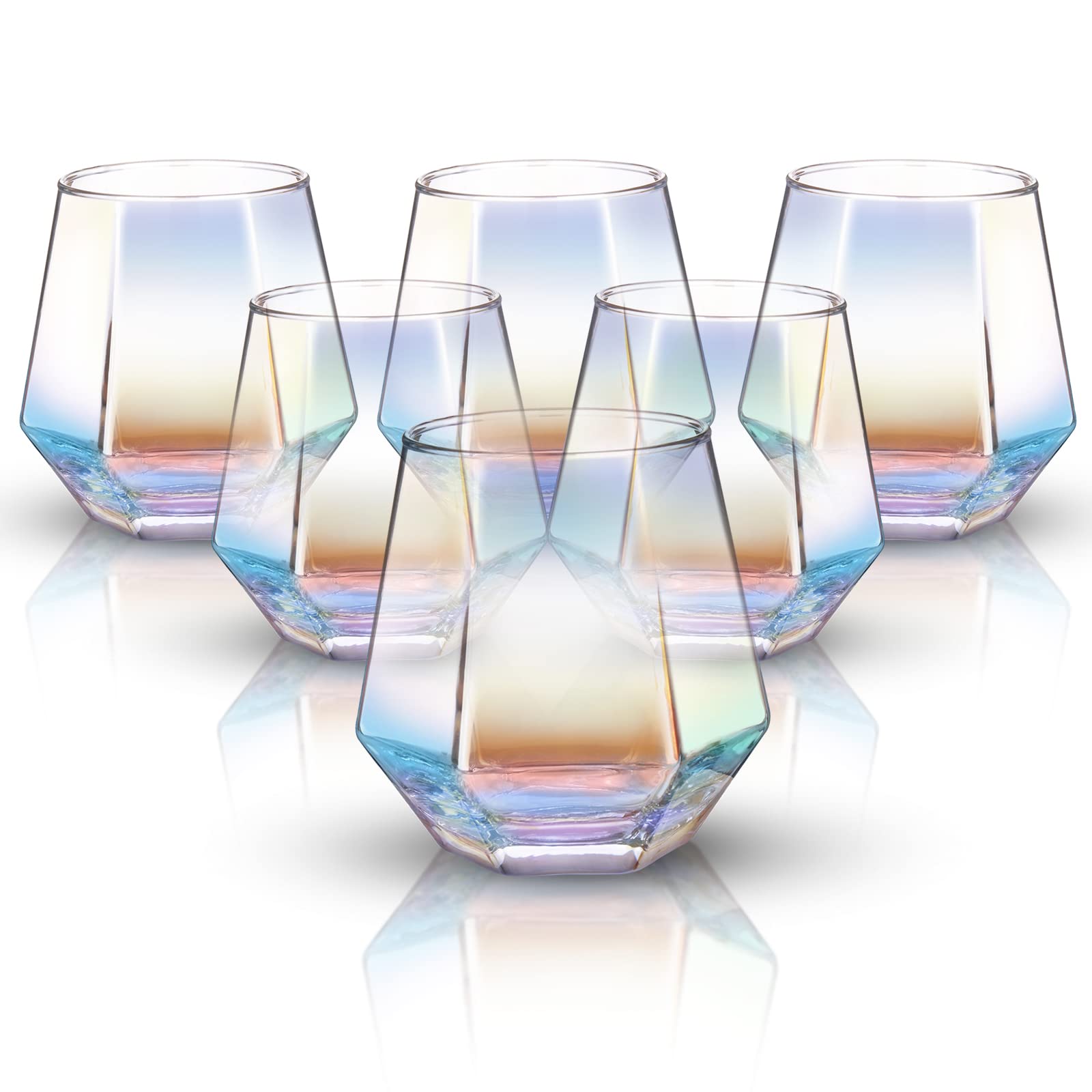 NiHome Iridescent Diamond Stemless Wine Glasses 10oz Set of 6, Unique Colorful Crystal Tumblers for Red & White Wine, Cocktails, Whiskey, Gift for Women & Men