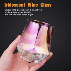 NiHome Iridescent Diamond Stemless Wine Glasses 10oz Set of 6, Unique Colorful Crystal Tumblers for Red & White Wine, Cocktails, Whiskey, Gift for Women & Men