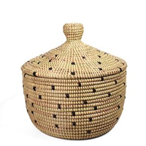 african fair trade handwoven warming basket, cream with black dots