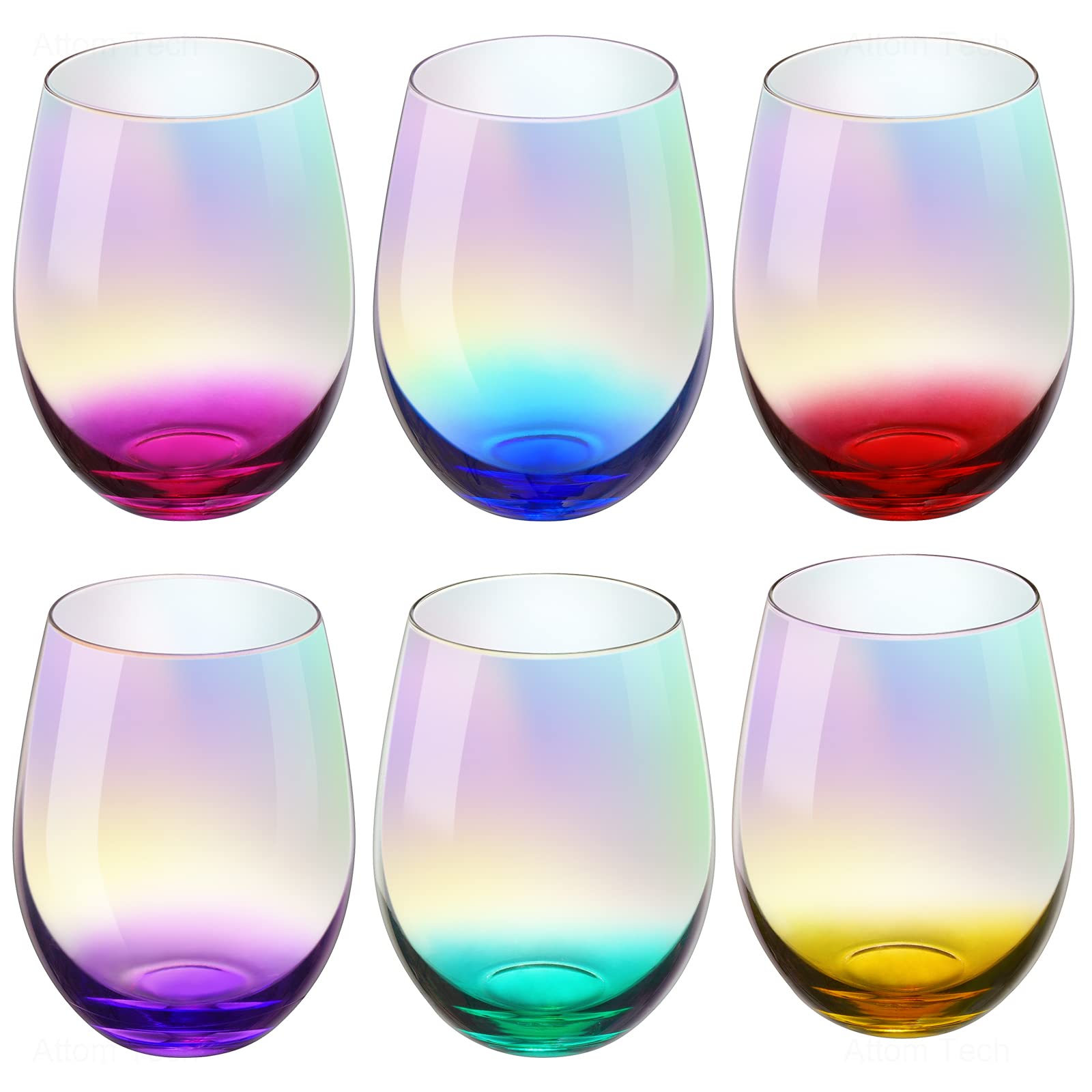 NiHome Stemless Wine Glasses 20oz 6-Pack Iridescent Gradient Rainbow Colors Large Water Glasses Margarita Glassware Set Wine Drinking Tumblers