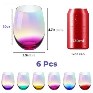 NiHome Stemless Wine Glasses 20oz 6-Pack Iridescent Gradient Rainbow Colors Large Water Glasses Margarita Glassware Set Wine Drinking Tumblers