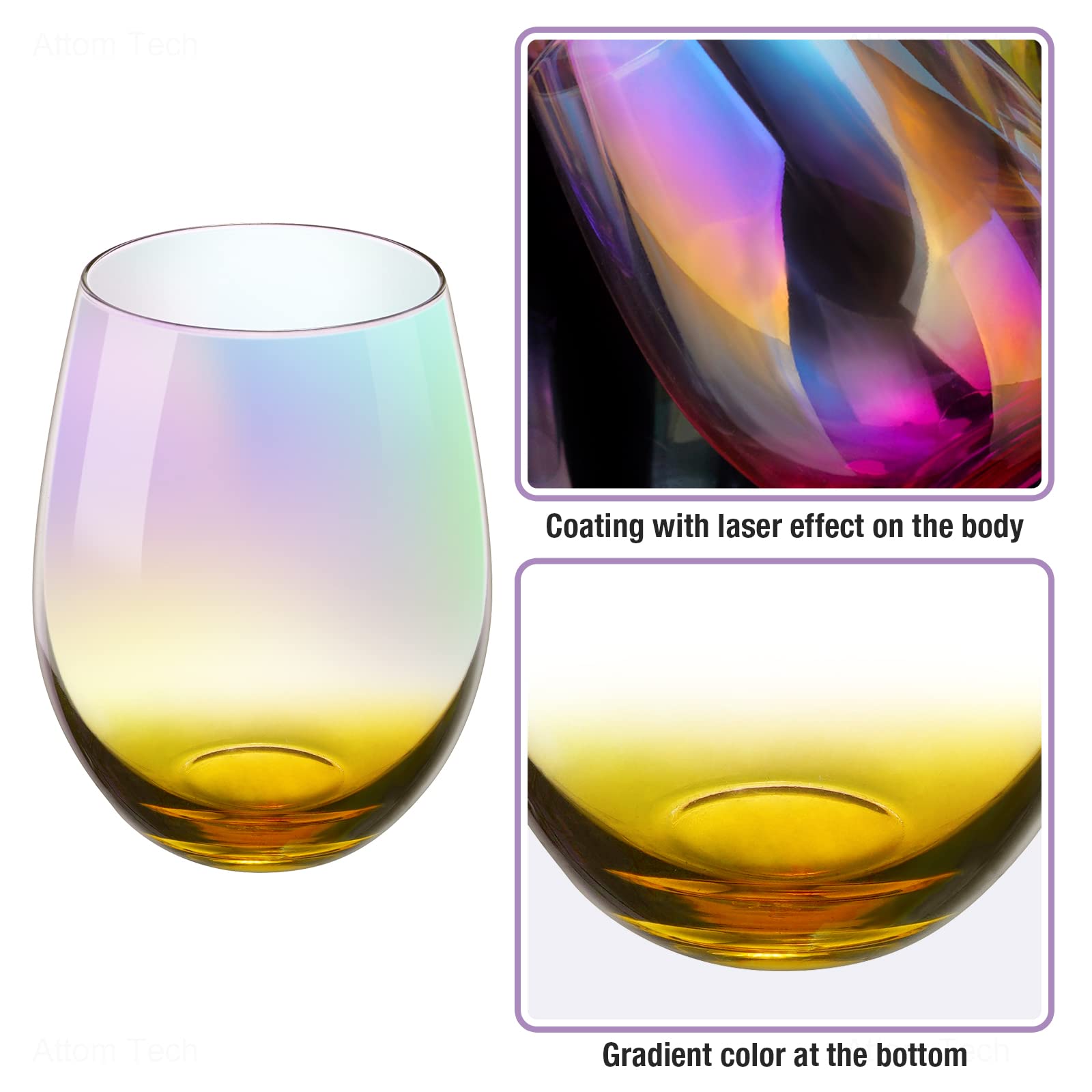 NiHome Stemless Wine Glasses 20oz 6-Pack Iridescent Gradient Rainbow Colors Large Water Glasses Margarita Glassware Set Wine Drinking Tumblers