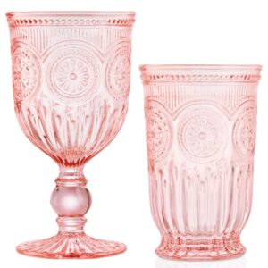 pink glassware bundle - vintage glassware collection for party - wine glasses set of pink goblets and 6 pink tall tumblers - matching pink drinking glasses with sunflower emboss design