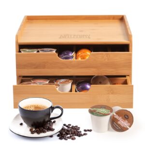 Bamboo Coffee Pods Holder Storage Compatible with Keurig K Cup Espresso Pods Tea Bag Organizer Drawer with Lip Panel for Kitchen Office Coffee Bar