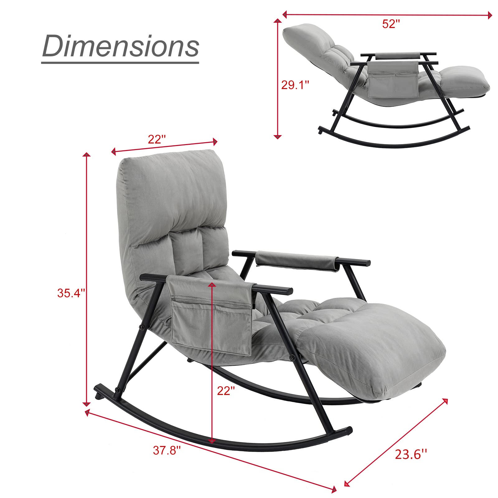 ZJhome Velvet Accent Folding Rocking Recliner Chair Nursery with Side Pocket Adjustable High Back & Foot Rest, Comfortable Upholstered Nursing Glider Rocker Armchair for Living Room, Bedroom(Gray)