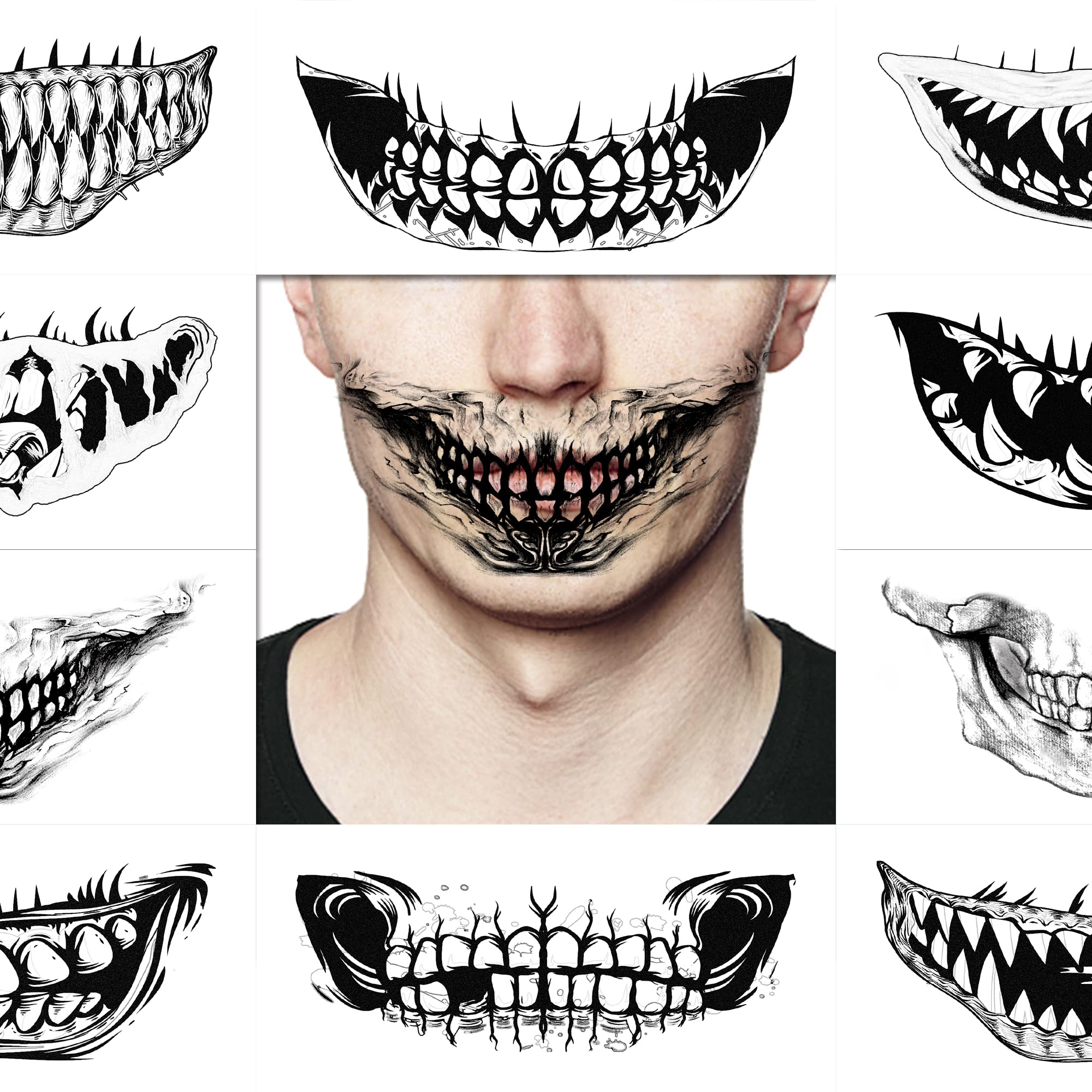 Halloween Prank Makeup Temporary Tattoo For Adults Fake Face Skeleton Scary Smile Black Big Mouth Clown Tattoo Stickers For Women Man Kids Accessories Cosplay Party Masquerade Props 10pcs