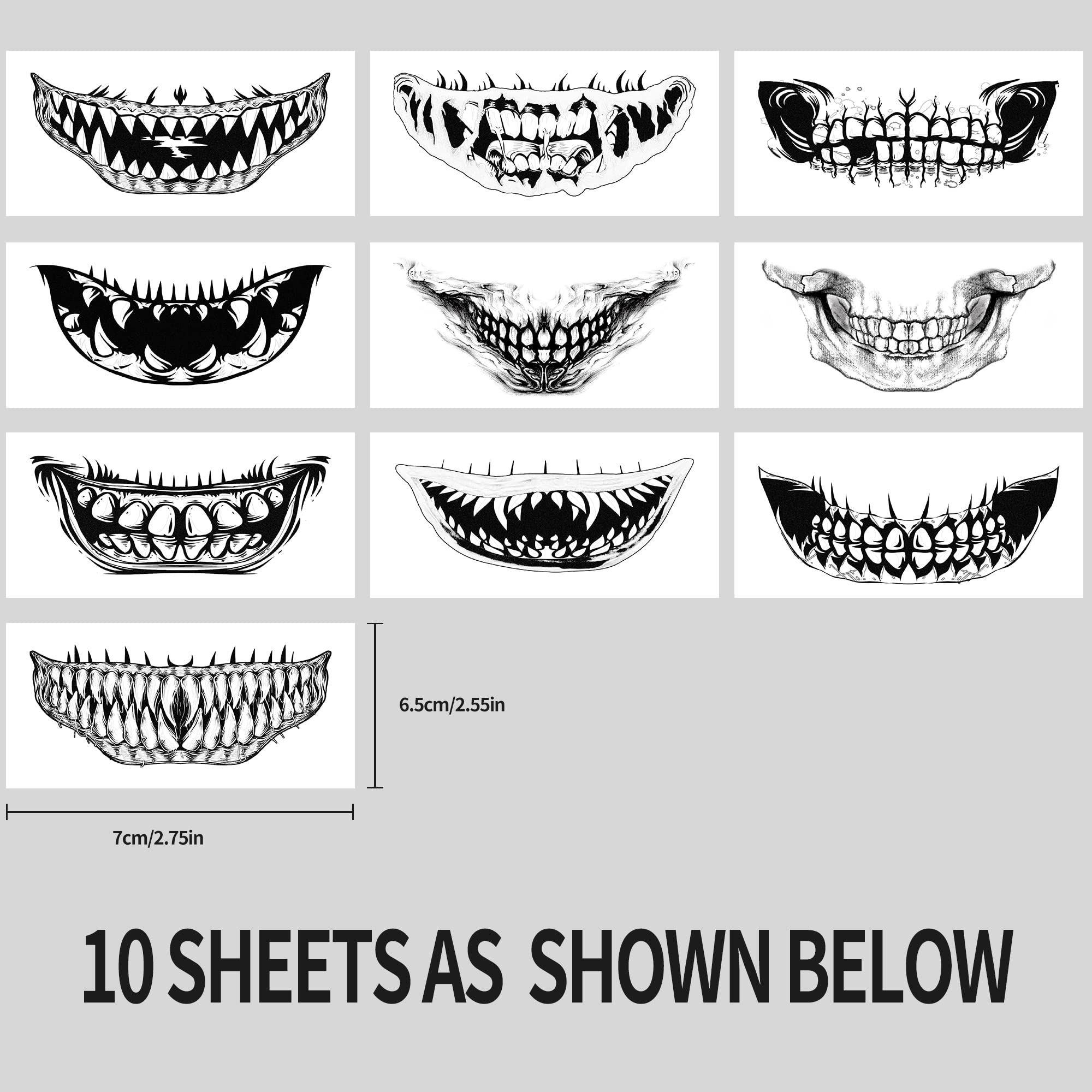 Halloween Prank Makeup Temporary Tattoo For Adults Fake Face Skeleton Scary Smile Black Big Mouth Clown Tattoo Stickers For Women Man Kids Accessories Cosplay Party Masquerade Props 10pcs