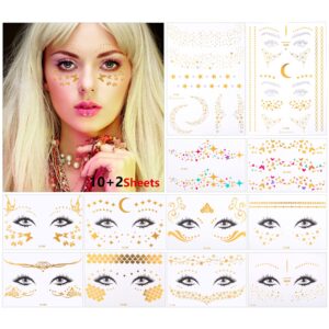 12 sheets face metallic shiny temporary tattoos sticker, halloween face glitter gold water transfer freckle flash tattoo for women girls halloween makeup dancer costume parties rave musical festivals