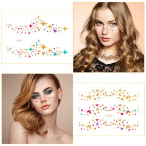 12 Sheets Face Metallic Shiny Temporary Tattoos Sticker, Halloween Face Glitter Gold Water Transfer Freckle Flash Tattoo for Women Girls Halloween Makeup Dancer Costume Parties Rave Musical Festivals