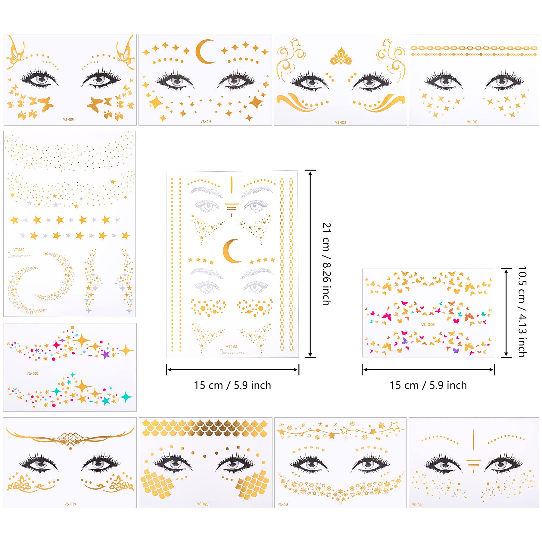 12 Sheets Face Metallic Shiny Temporary Tattoos Sticker, Halloween Face Glitter Gold Water Transfer Freckle Flash Tattoo for Women Girls Halloween Makeup Dancer Costume Parties Rave Musical Festivals