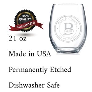 Personalized Stemless Wine Glasses (21oz) - Laser Engraved Anniversary & Wedding Wine Glasses w/Names & Date - Dishwasher Safe. Custom Wine Glasses - Permanently Etched Couples Gifts