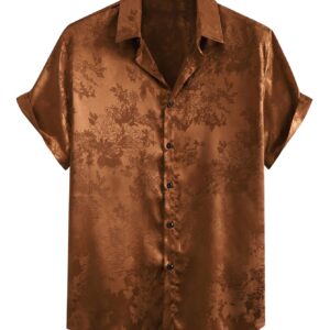 Floerns Men's Floral Jacquard Short Sleeve Button Front Satin Shirt Blouse Top Brown XL