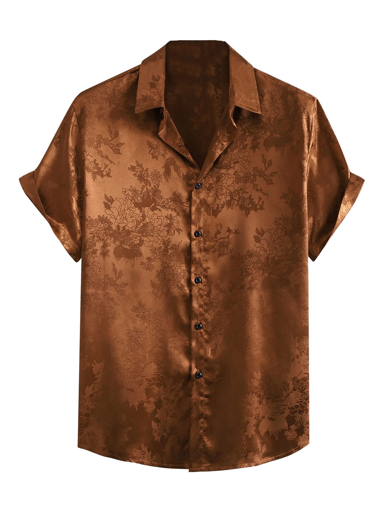 Floerns Men's Floral Jacquard Short Sleeve Button Front Satin Shirt Blouse Top Brown XL