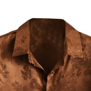 Floerns Men's Floral Jacquard Short Sleeve Button Front Satin Shirt Blouse Top Brown XL