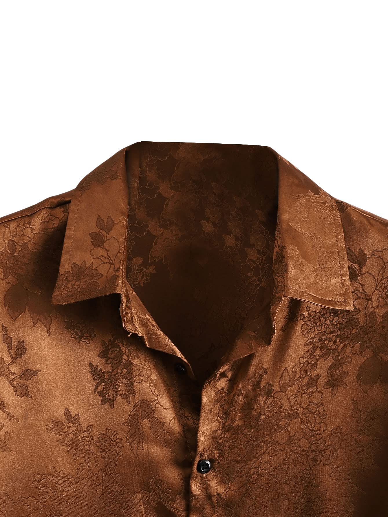 Floerns Men's Floral Jacquard Short Sleeve Button Front Satin Shirt Blouse Top Brown XL