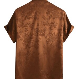 Floerns Men's Floral Jacquard Short Sleeve Button Front Satin Shirt Blouse Top Brown XL