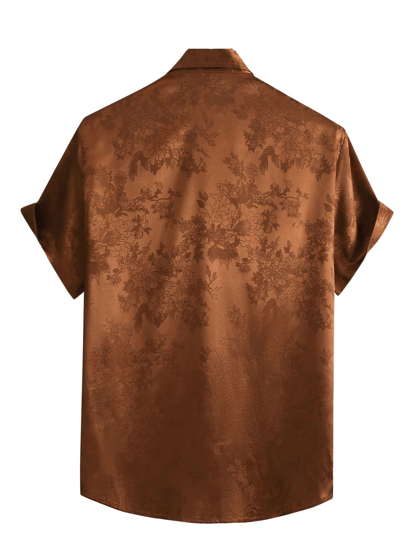 Floerns Men's Floral Jacquard Short Sleeve Button Front Satin Shirt Blouse Top Brown XL