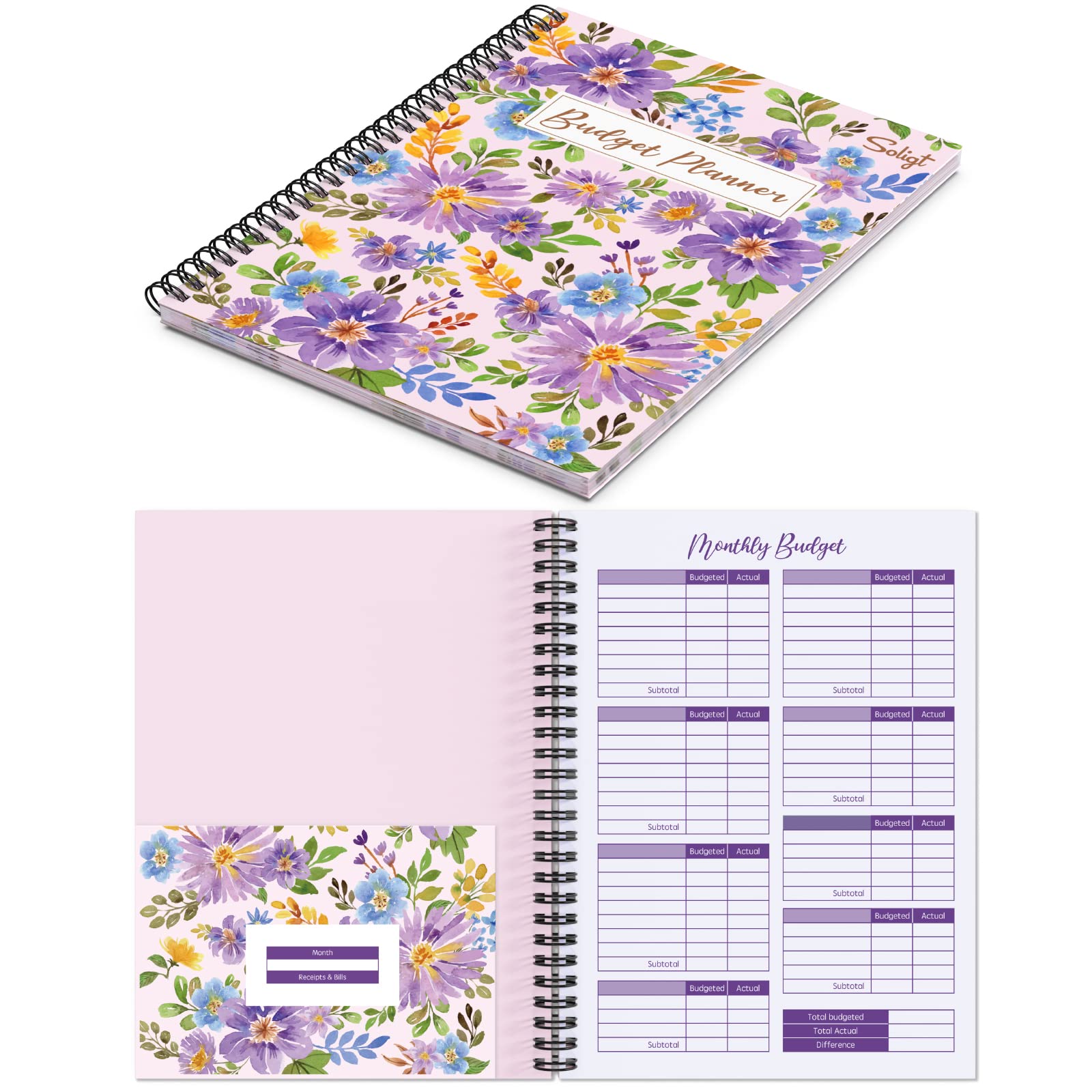 [Undated] Monthly Budget Planner with 12 Bill Pockets for Income, Debt, Saving, Expense and Bill Tracker Organizer, Pink, Floral Design