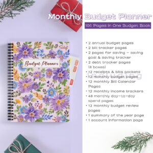 [Undated] Monthly Budget Planner with 12 Bill Pockets for Income, Debt, Saving, Expense and Bill Tracker Organizer, Pink, Floral Design