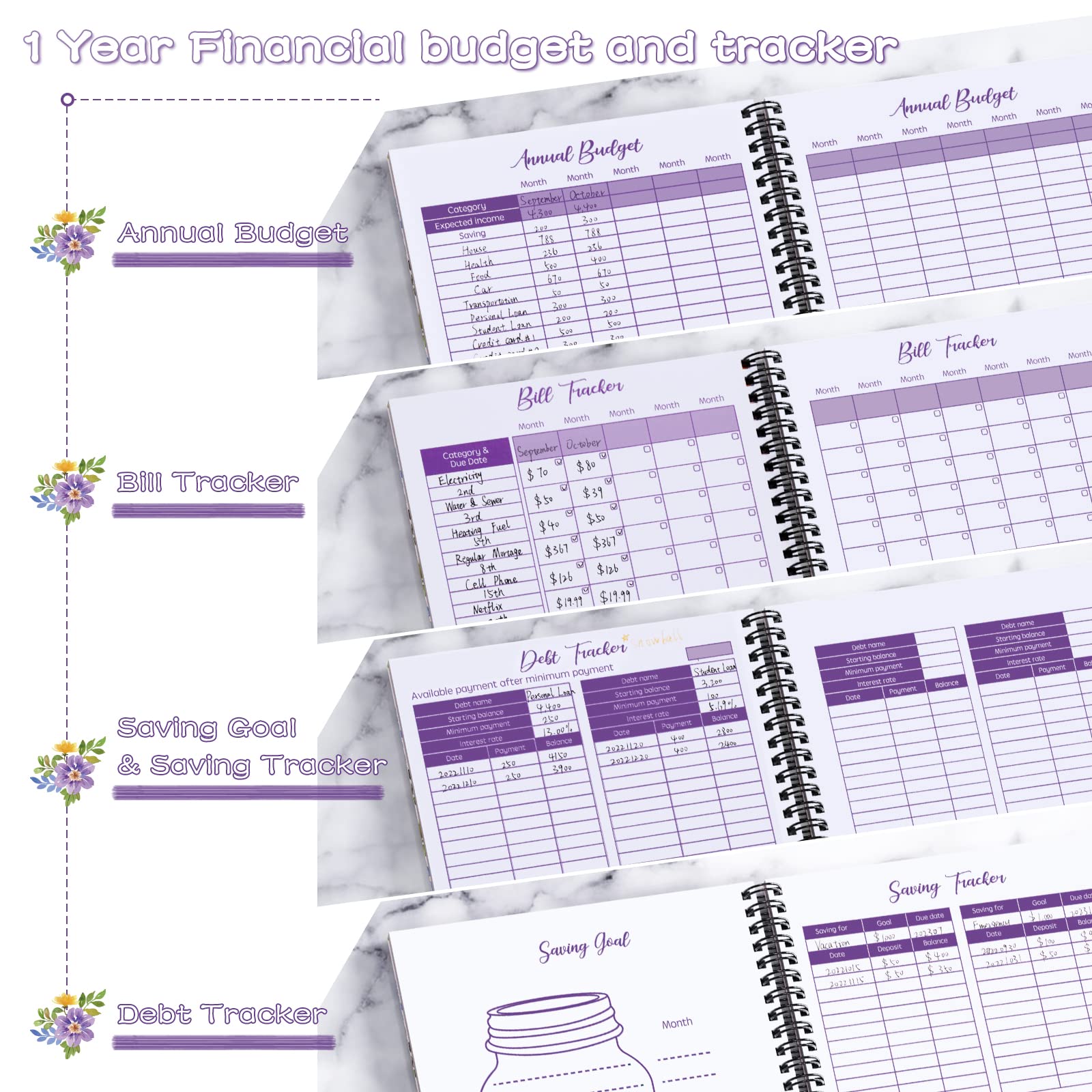 [Undated] Monthly Budget Planner with 12 Bill Pockets for Income, Debt, Saving, Expense and Bill Tracker Organizer, Pink, Floral Design