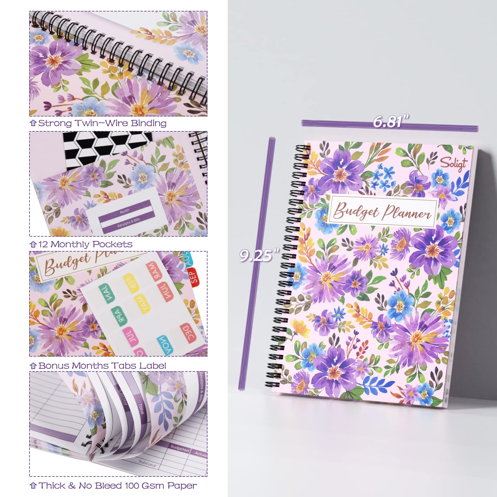 [Undated] Monthly Budget Planner with 12 Bill Pockets for Income, Debt, Saving, Expense and Bill Tracker Organizer, Pink, Floral Design