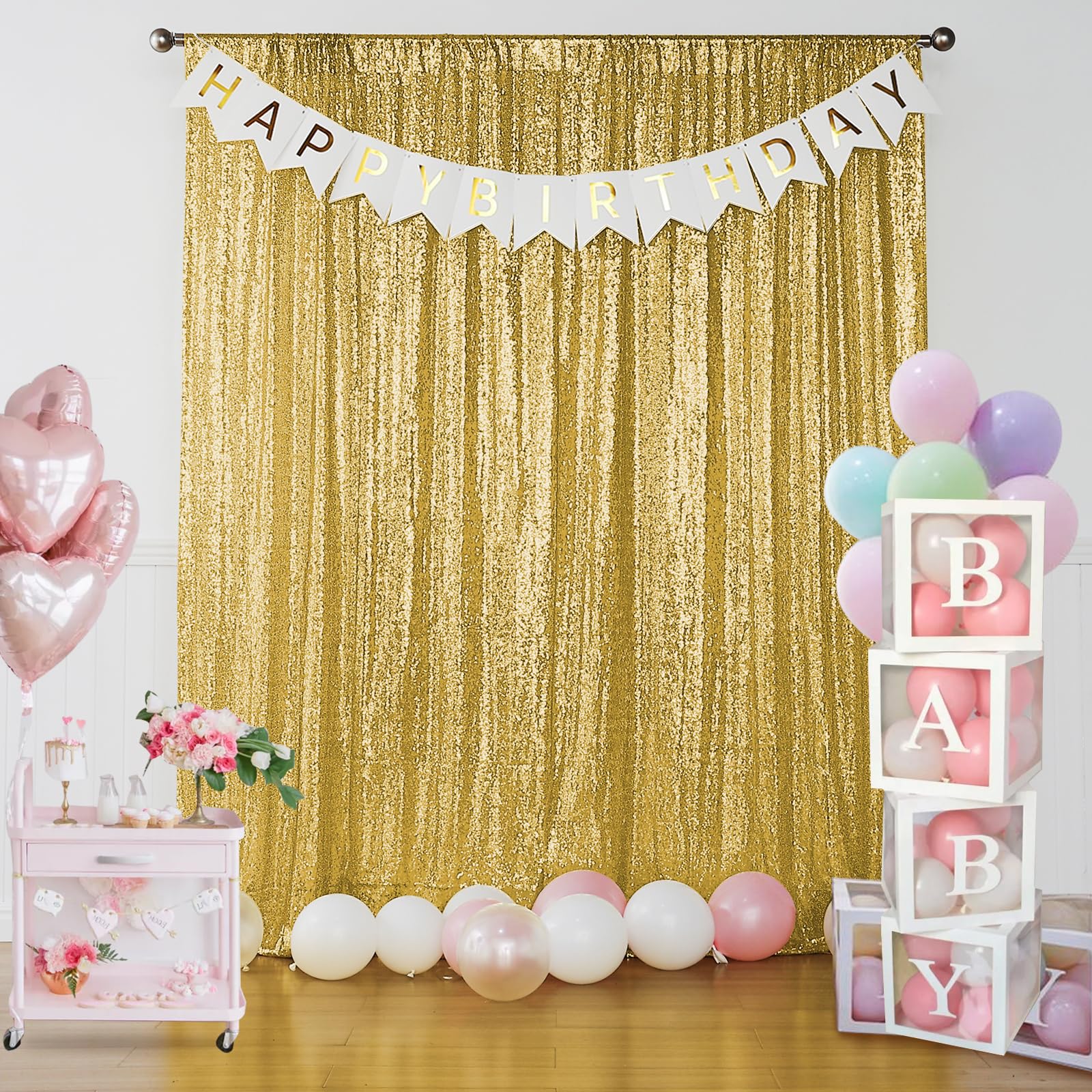 Sugargirl Gold Sequin Backdrop Curtain 4 Panels 2FTx8FT Glitter Gold Background Drapes Sparkle Photography Backdrop for Party Wedding Birthday Wall Decoration