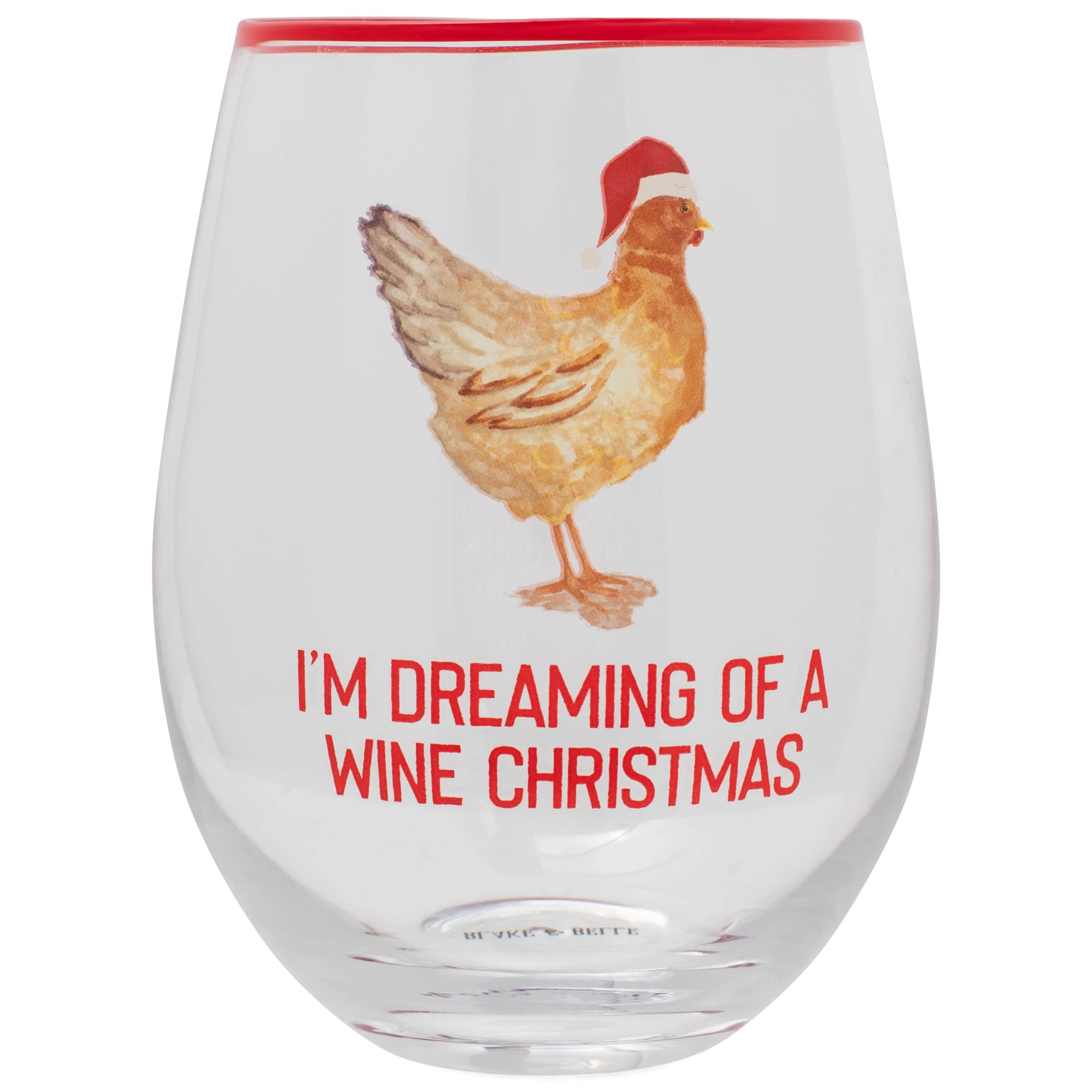 Mary Square Dreaming of a Wine Christmas Red Chicken 16 ounce Glass Stemless Wine Glass