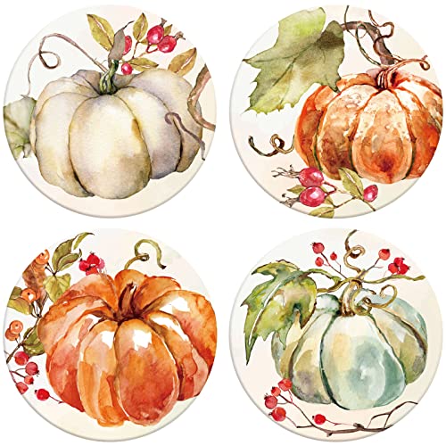 Whaline Fall Pumpkin Coaster Autumn Round Drink Coasters Absorbent Natural Ceramic Coasters Pumpkin Cup Mat for Mugs Cups Home Kitchen Office Thanksgiving Party Table Decoration Supplies, 4 Pack