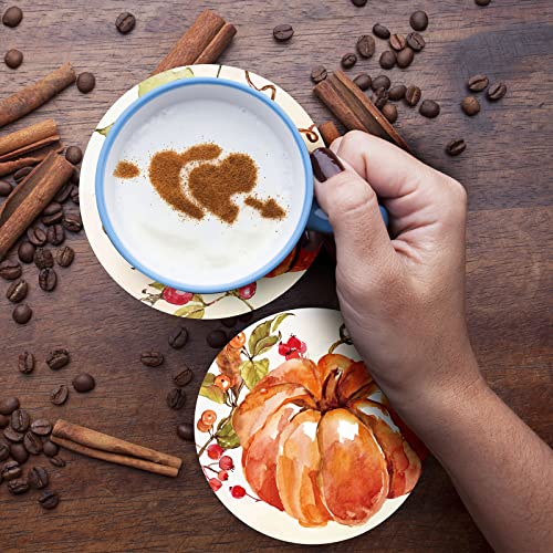 Whaline Fall Pumpkin Coaster Autumn Round Drink Coasters Absorbent Natural Ceramic Coasters Pumpkin Cup Mat for Mugs Cups Home Kitchen Office Thanksgiving Party Table Decoration Supplies, 4 Pack