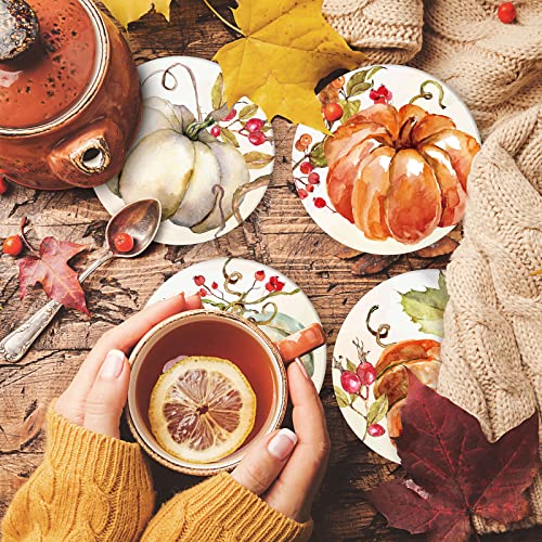 Whaline Fall Pumpkin Coaster Autumn Round Drink Coasters Absorbent Natural Ceramic Coasters Pumpkin Cup Mat for Mugs Cups Home Kitchen Office Thanksgiving Party Table Decoration Supplies, 4 Pack