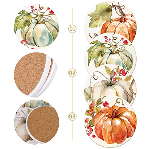 Whaline Fall Pumpkin Coaster Autumn Round Drink Coasters Absorbent Natural Ceramic Coasters Pumpkin Cup Mat for Mugs Cups Home Kitchen Office Thanksgiving Party Table Decoration Supplies, 4 Pack