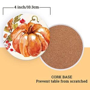 Whaline Fall Pumpkin Coaster Autumn Round Drink Coasters Absorbent Natural Ceramic Coasters Pumpkin Cup Mat for Mugs Cups Home Kitchen Office Thanksgiving Party Table Decoration Supplies, 4 Pack