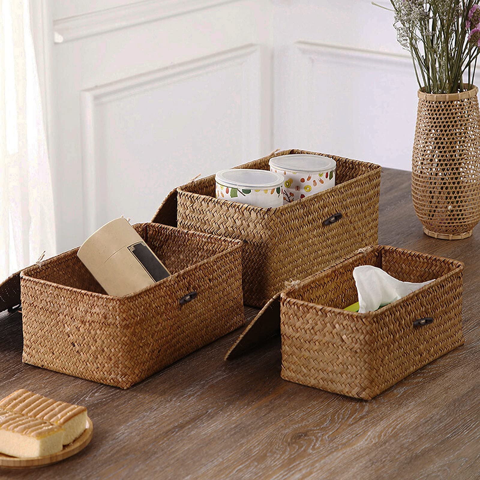 Sobotoo Wicker Storage Box with Lid, Natural Hand-woven Rattan Storage Box, Rectangular Household Organizer Boxes Shelf Wardrobe Organizer (XL)