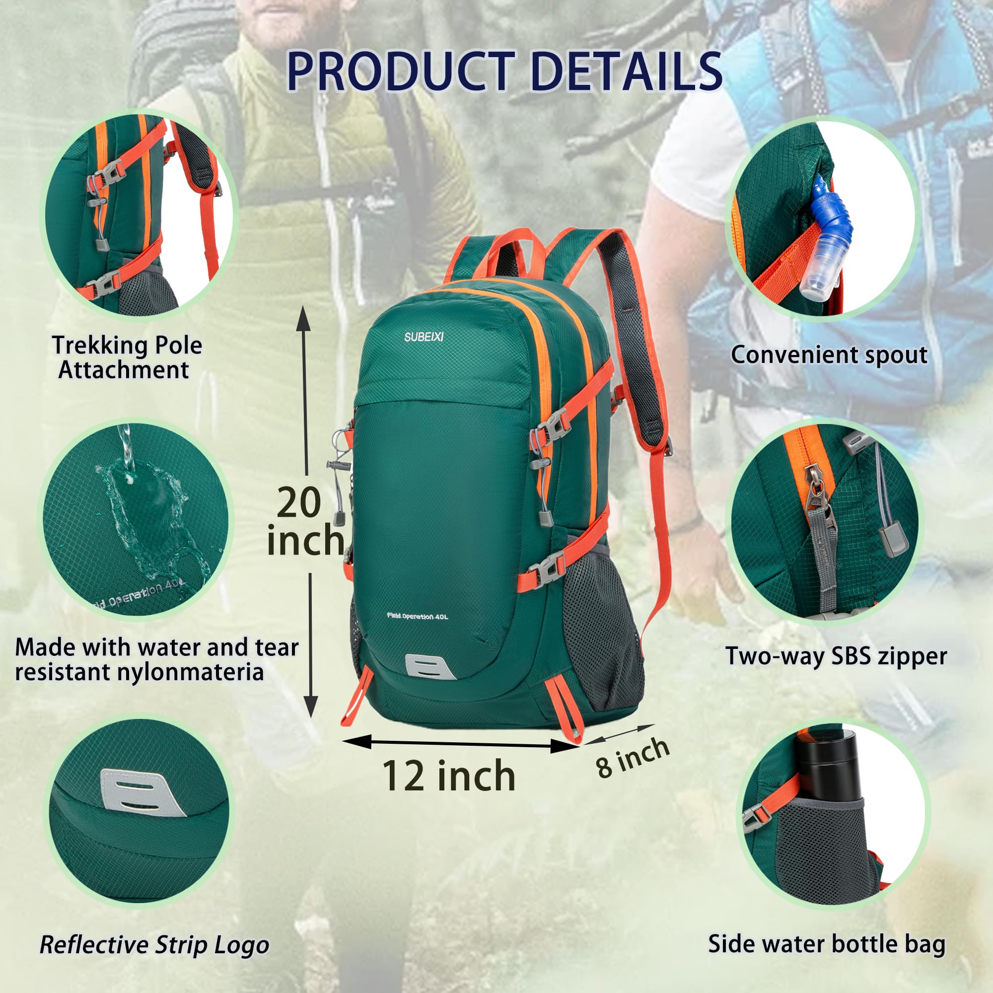 SUBEIXI 40L Hiking Backpack, Water Resistant Lightweight Packable Backpack for Travel Camping Outdoor, Green