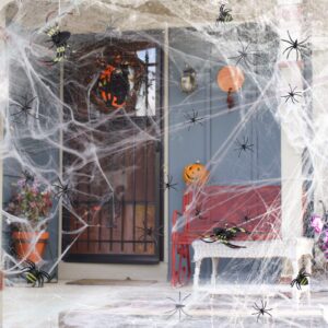 Berenlu 1100 Sqft Spider Web Decoration, Super Stretchy Halloween Spider Web with 65 Extra Fake Spiders, Halloween Decoration, Creepy Halloween Party Indoor Decoration, Halloween Outdoor Decoration