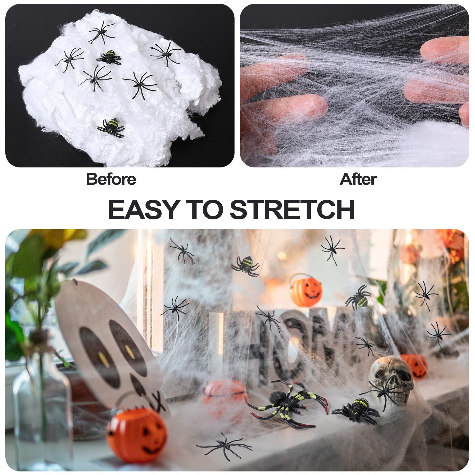 Berenlu 1100 Sqft Spider Web Decoration, Super Stretchy Halloween Spider Web with 65 Extra Fake Spiders, Halloween Decoration, Creepy Halloween Party Indoor Decoration, Halloween Outdoor Decoration