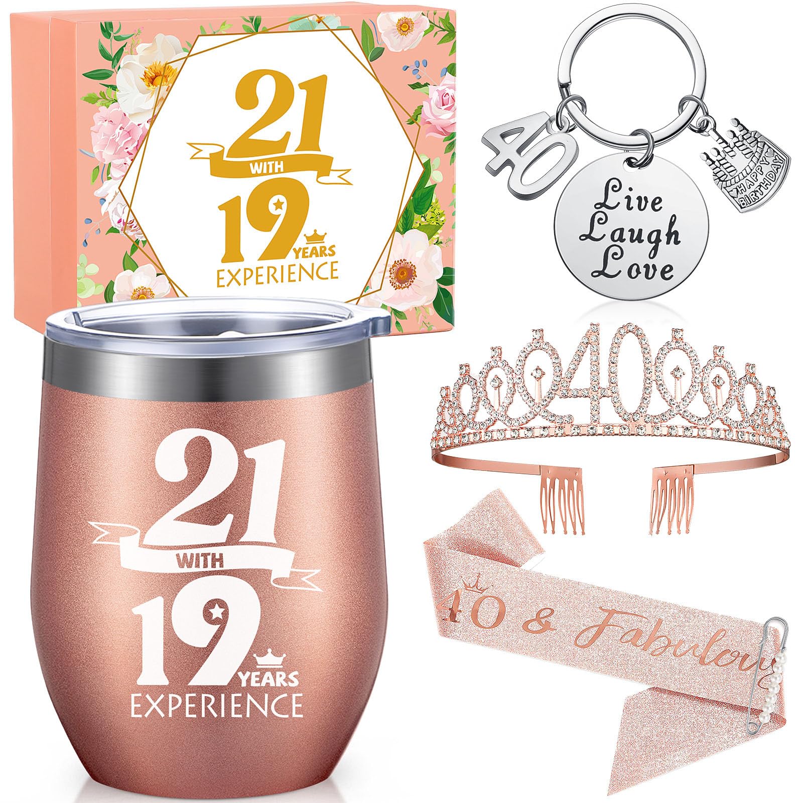 Sieral 40th Birthday Gifts Box for Women Including 21 with 19 Years Experience Wine Tumbler, 40th Tiara, 40th Birthday Sash, 40th Birthday Keychain for Women Friends Lover Mom Coworker(40th Style)