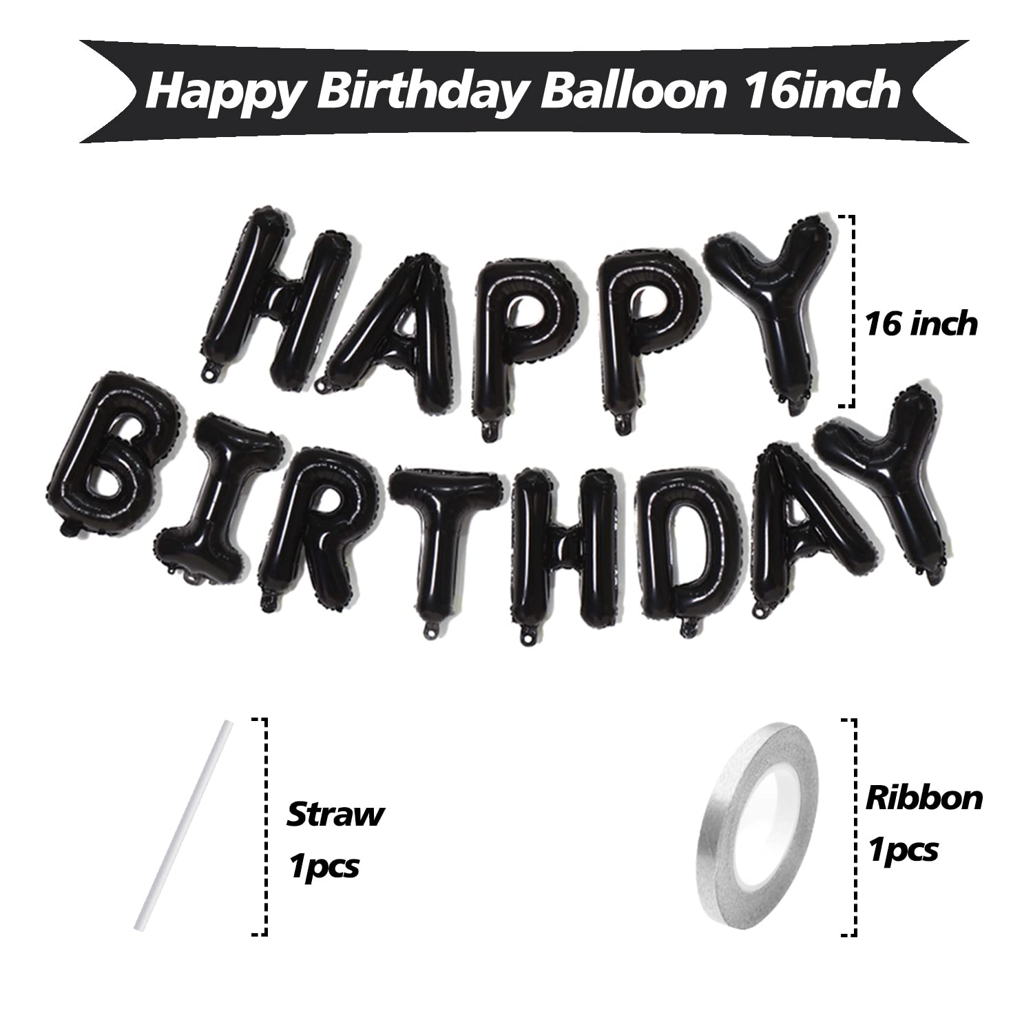 FUNTOOB Black Happy Birthday Balloons Banner Happy Birthday Sign Letter Balloons 16 Inch Happy Birthday Balloon for Boys Girls Adults Happy Birthday Foil Balloons Happy Birthday Decorations