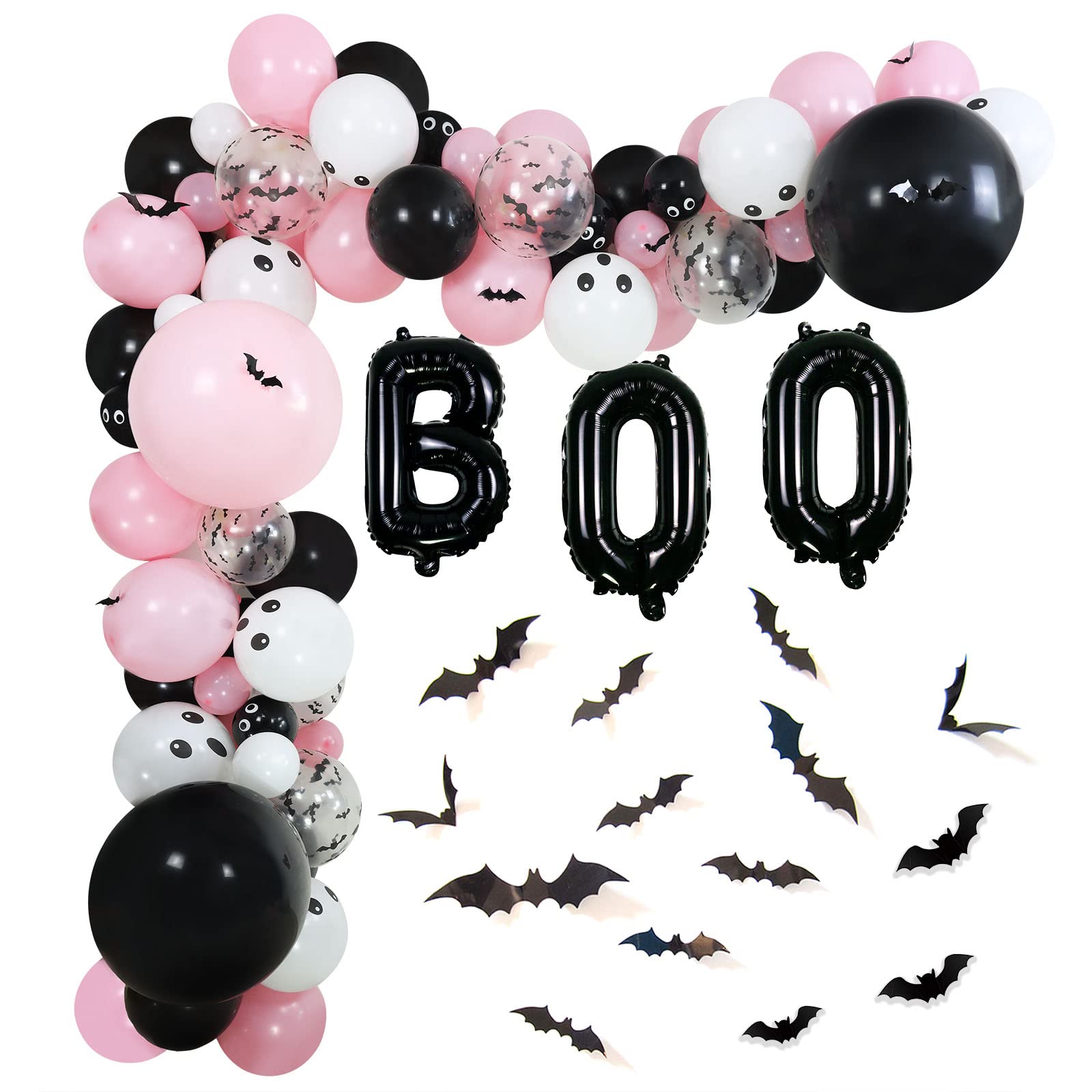 Halloween Party Balloon Arch Garland Kit, 125Pcs 18" 12" 5" Black Pink Latex Balloons 18" BOO Foil Balloon with 3D PVC Bat Halloween Decorations Pack for Halloween Party Decorations Halloween Supplies