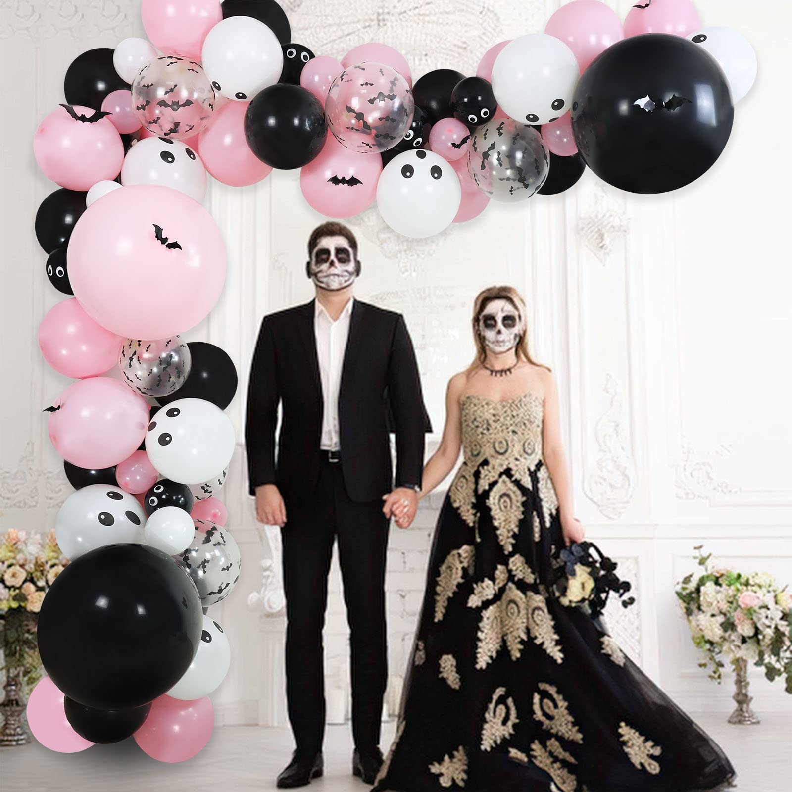 Halloween Party Balloon Arch Garland Kit, 125Pcs 18" 12" 5" Black Pink Latex Balloons 18" BOO Foil Balloon with 3D PVC Bat Halloween Decorations Pack for Halloween Party Decorations Halloween Supplies