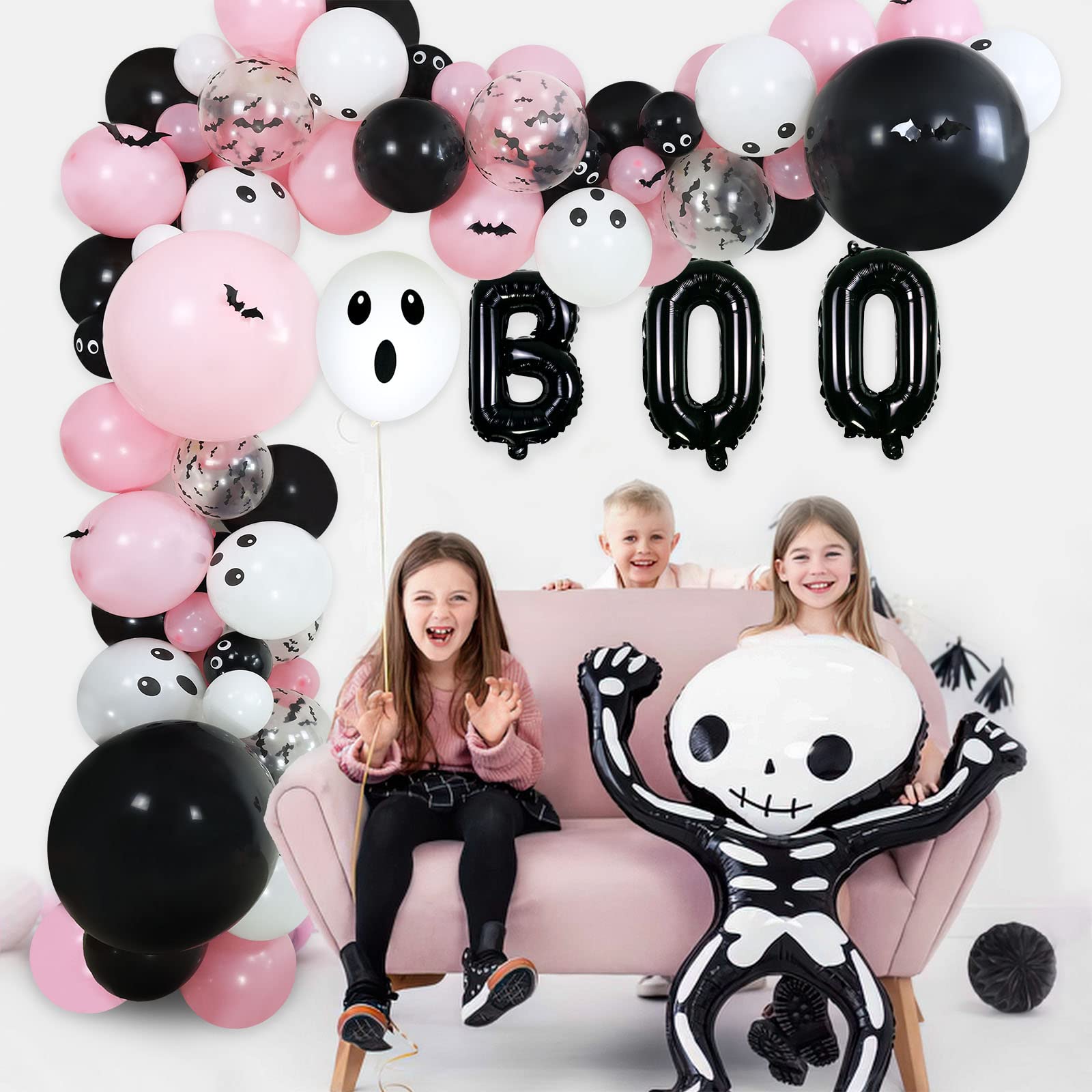 Halloween Party Balloon Arch Garland Kit, 125Pcs 18" 12" 5" Black Pink Latex Balloons 18" BOO Foil Balloon with 3D PVC Bat Halloween Decorations Pack for Halloween Party Decorations Halloween Supplies