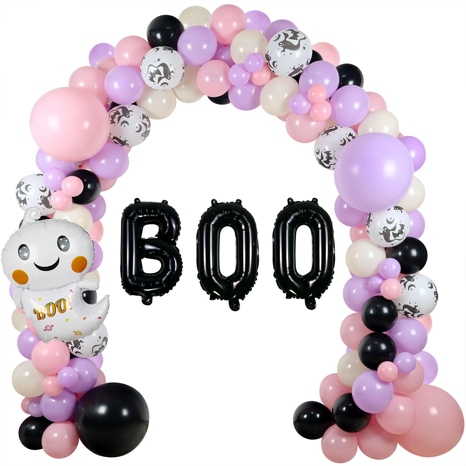 Halloween Balloon Garland Kit, 111 Pcs 18" 12" 5" Black Pink Purple Latex Balloons with 18" BOO Ghost Foil Balloon Halloween Decorations for Girls Halloween Day Decoration Halloween Party Supplies